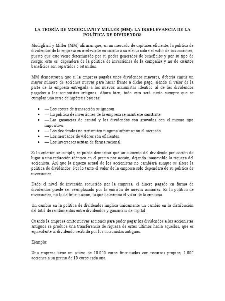 La Teoría de Modigliani y Miller | PDF | Compartir (Finanzas) | Dividendo