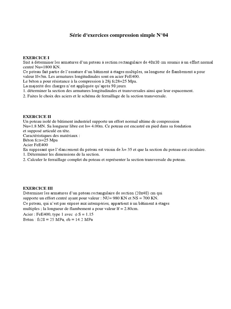 Exercices de Compression Simple en Béton Armé | PDF | Méthodes et ...
