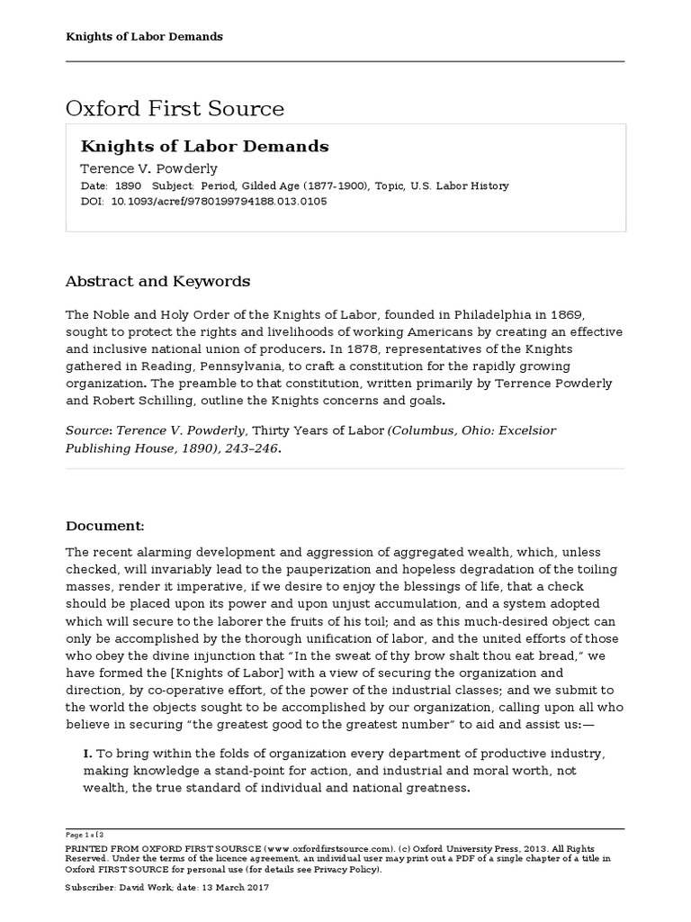 Oxford First Source: Knights of Labor Demands | PDF | Labour Economics ...