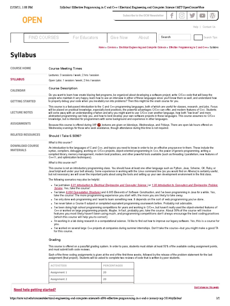 Syllabus - Effective Programming in C and C++ - Electrical Engineering ...