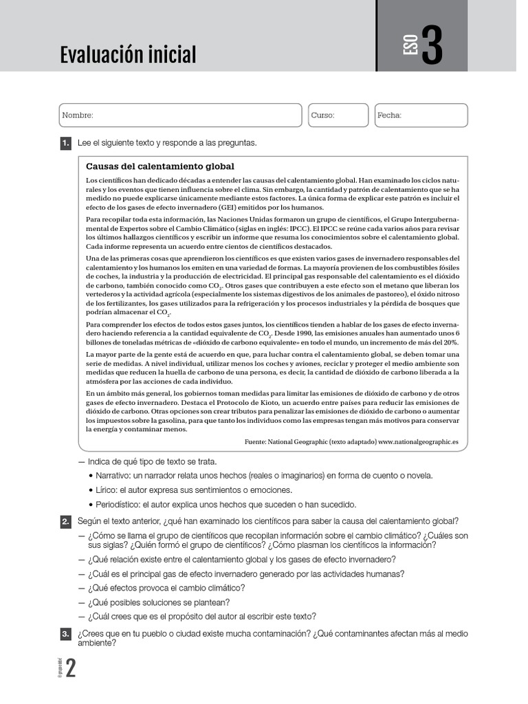 Eval Inicial Leng Eso3 | PDF | Gases de efecto invernadero | Cambio climático