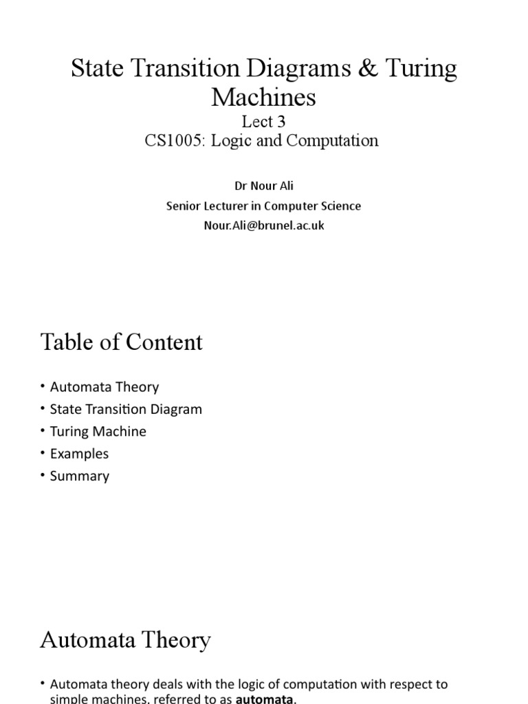 State Transition Diagrams & Turing Machines: Lect 3 CS1005: Logic and Computation | PDF ...