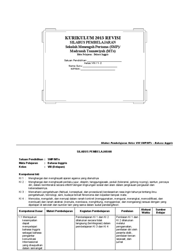 Silabus Bahasa Inggris Kelas 8 Word | PDF