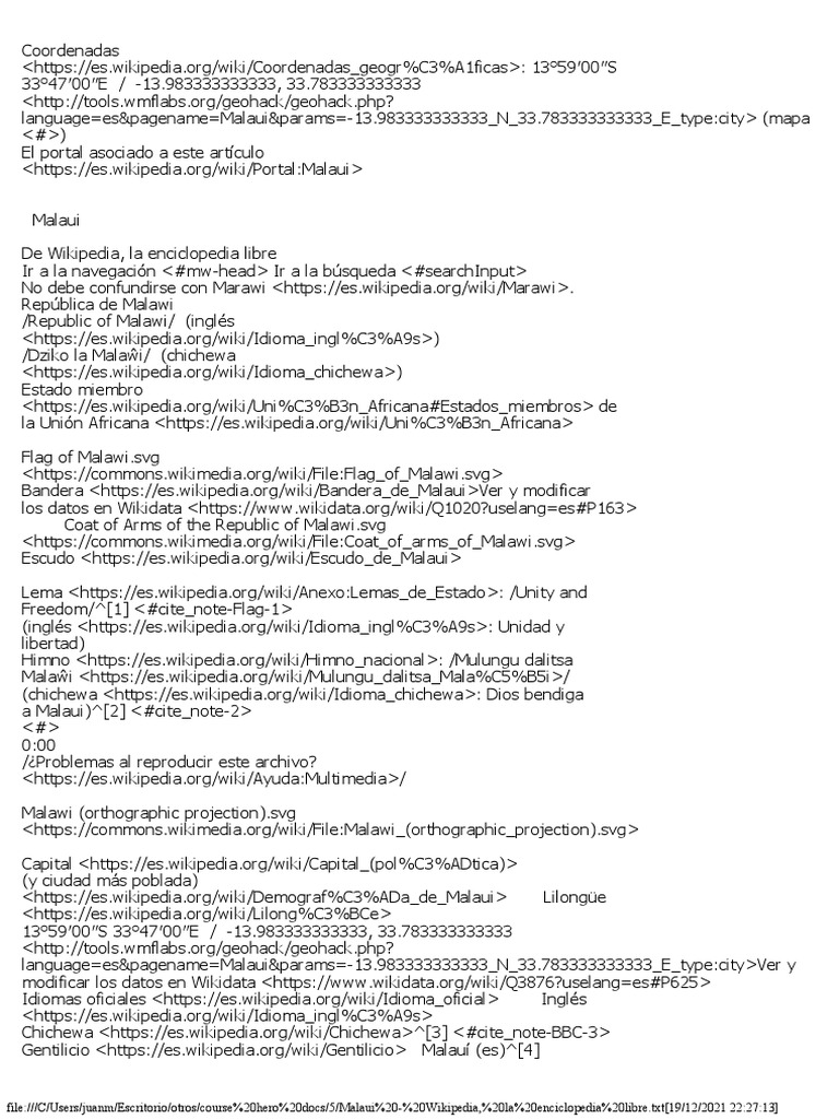 Malaui - Wikipedia, La Enciclopedia Libre | PDF | Malawi | Gobierno