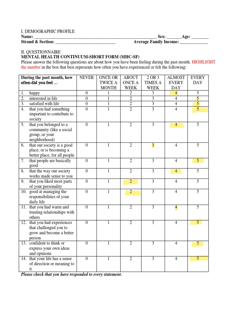 PERDEV Self Report Questionnaire MENTAL HEALTH CONTINUUM QUESTIONNAIRE ...
