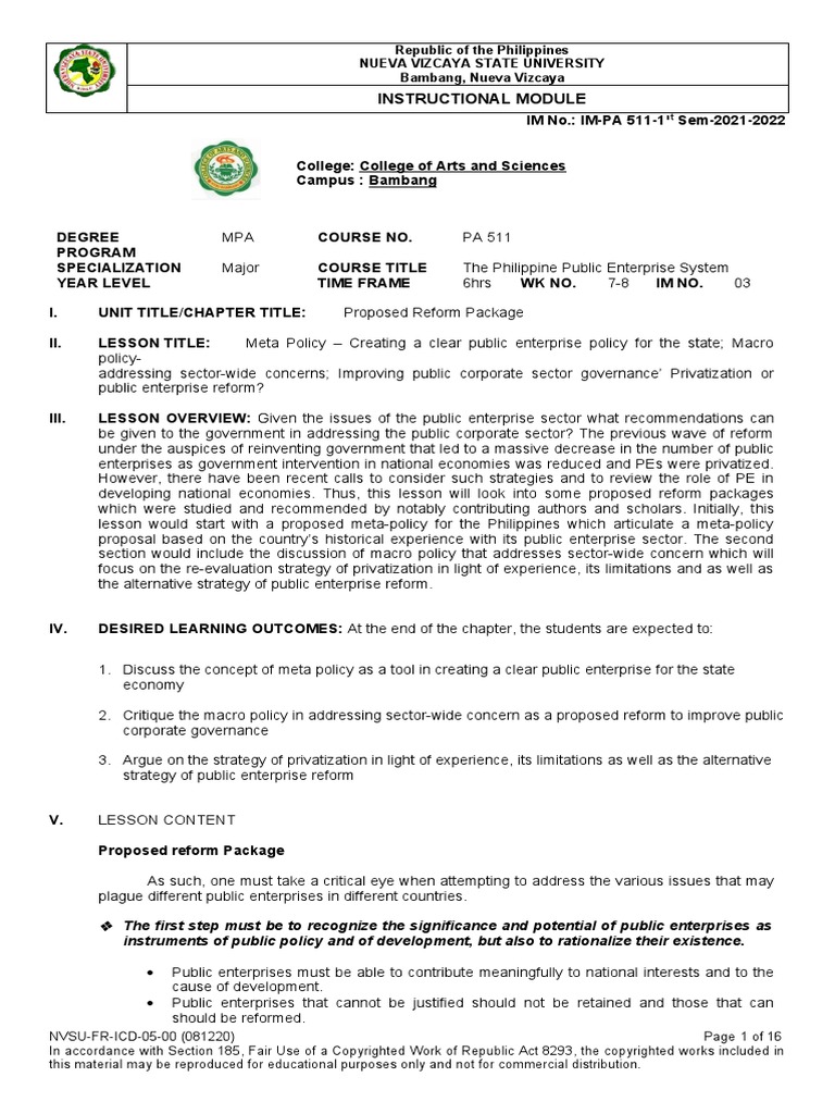 PA 511 Instructional Module No. 3 | PDF | Privatization | Performance ...