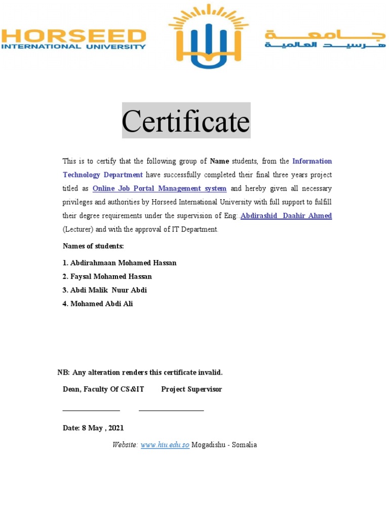 Certificate: Information Technology Department Online Job Portal ...