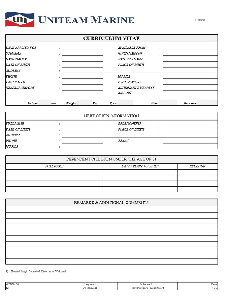Uniteam Marine CV Form | PDF | Transport | Water Transport