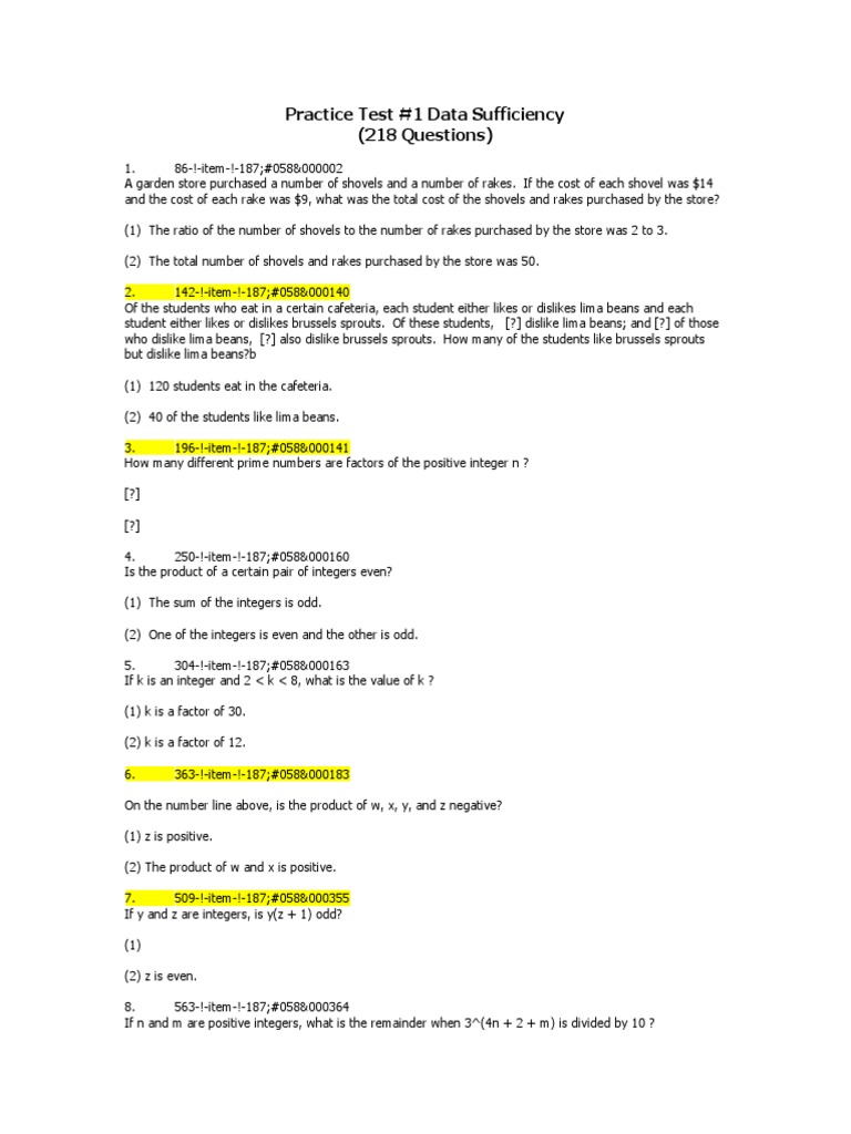 Practice Test #1 Data Sufficiency (218 Questions) | PDF | Numbers | Average