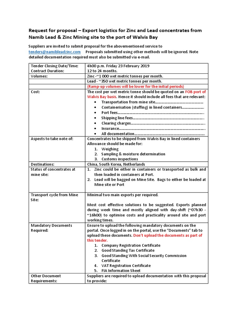 Logistics Request For Proposal Template | PDF | Customs | Namibia