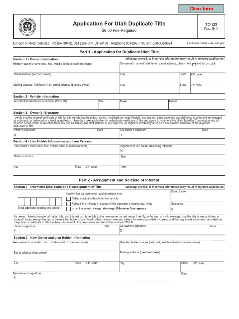 Part 1 - Application For Duplicate Utah Title | PDF | Zip Code