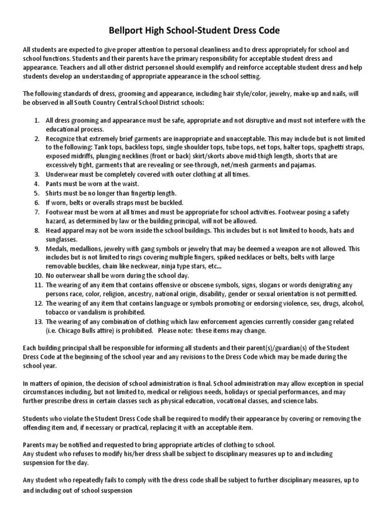 Bellport High School-Student Dress Code | PDF | Clothing | Human Body