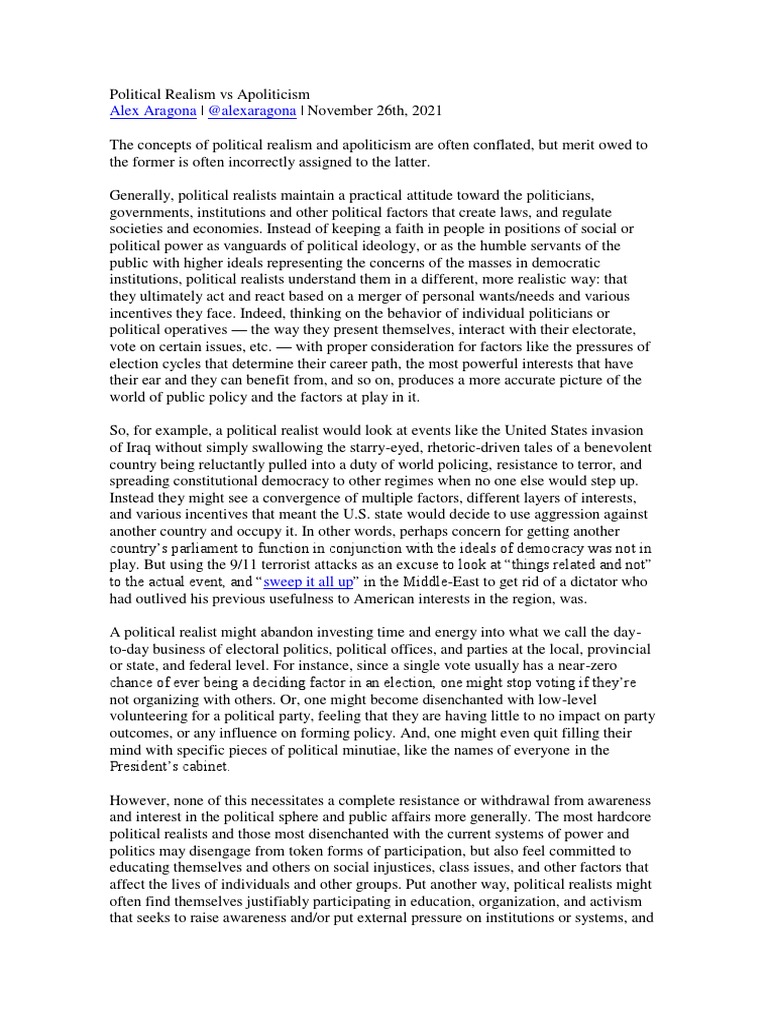 Understanding Political Realism vs. Apoliticism | PDF | Institution ...