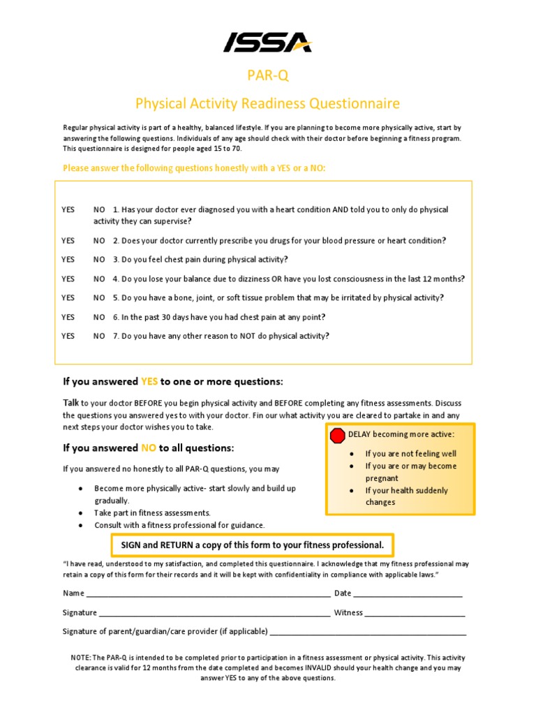 Par-Q Physical Activity Readiness Questionnaire: Please Answer The ...