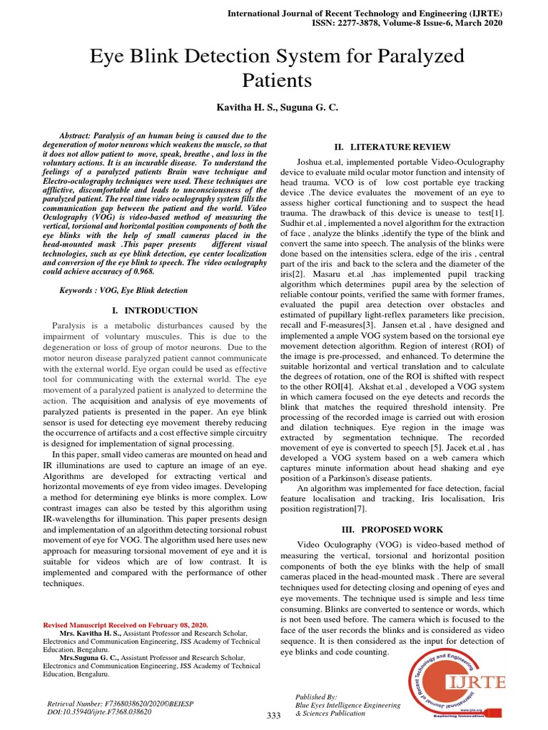 Eye Blink Detection System For Paralyzed Patients: Kavitha H. S ...