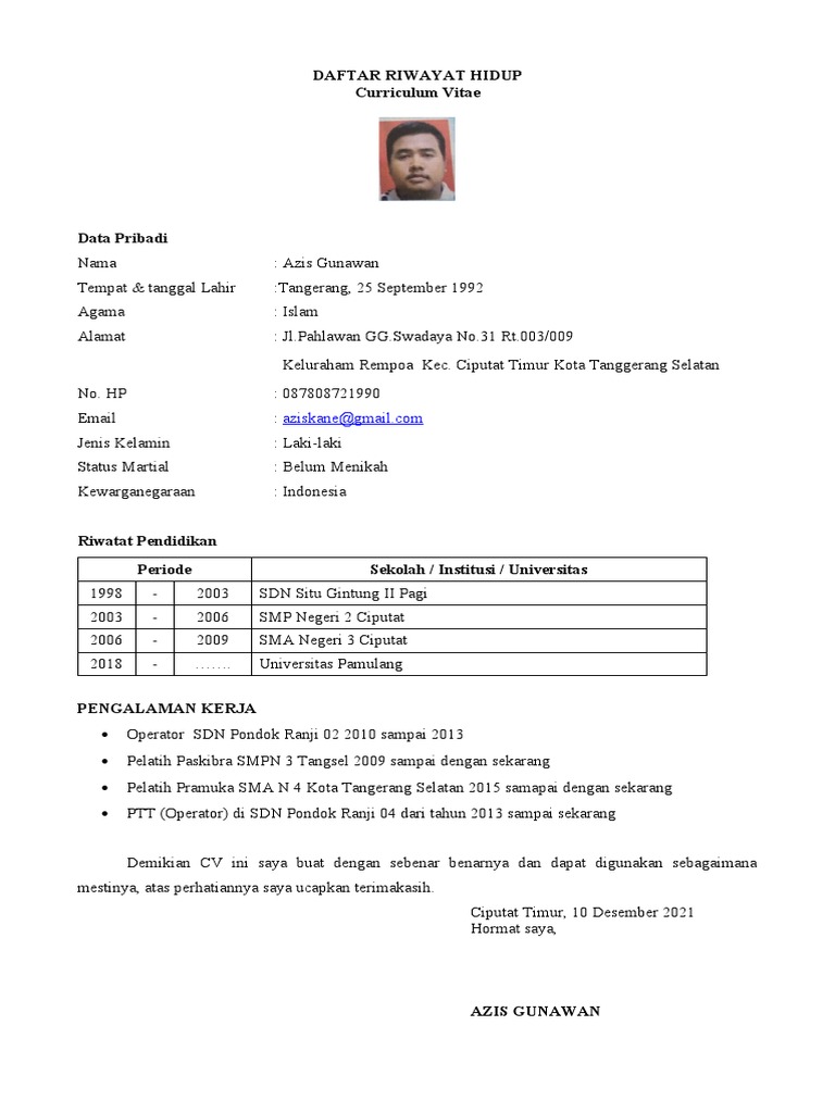 Daftar Riwayat Hidup Curriculum Vitae | PDF