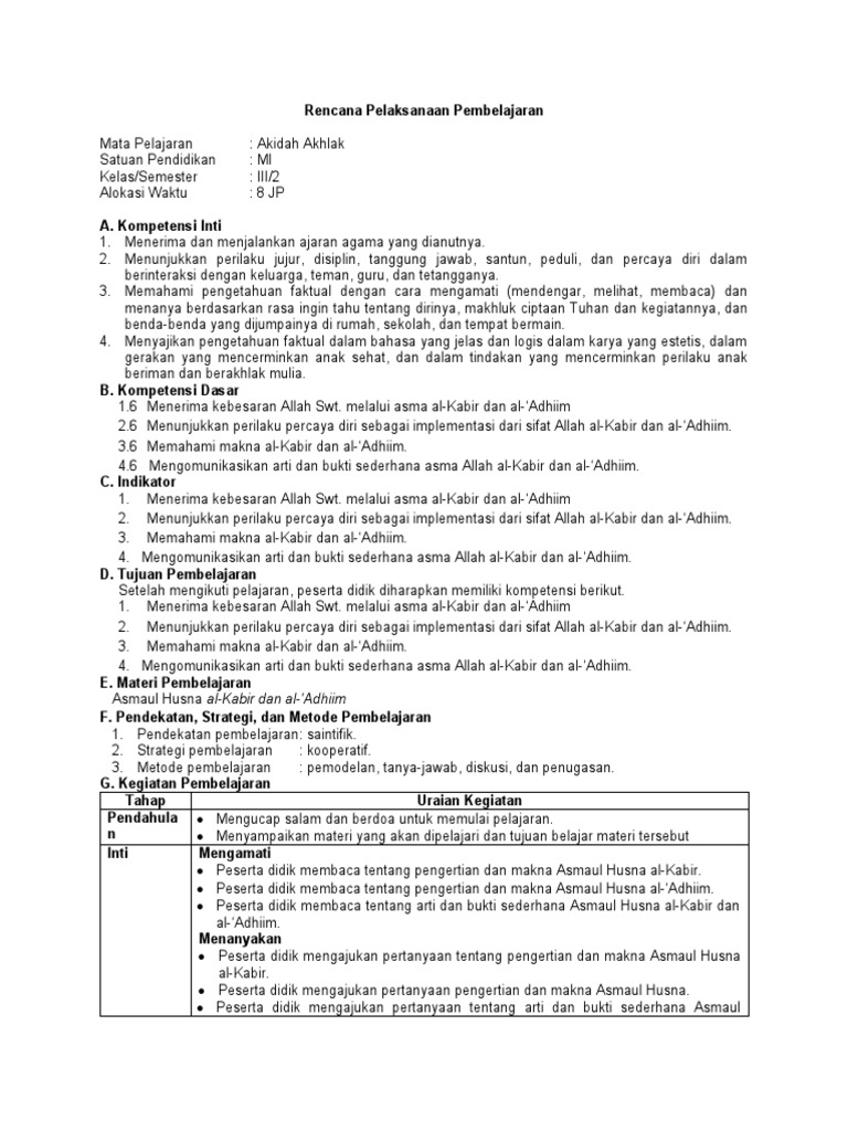 RPP Akidah Akhlak 3 | PDF