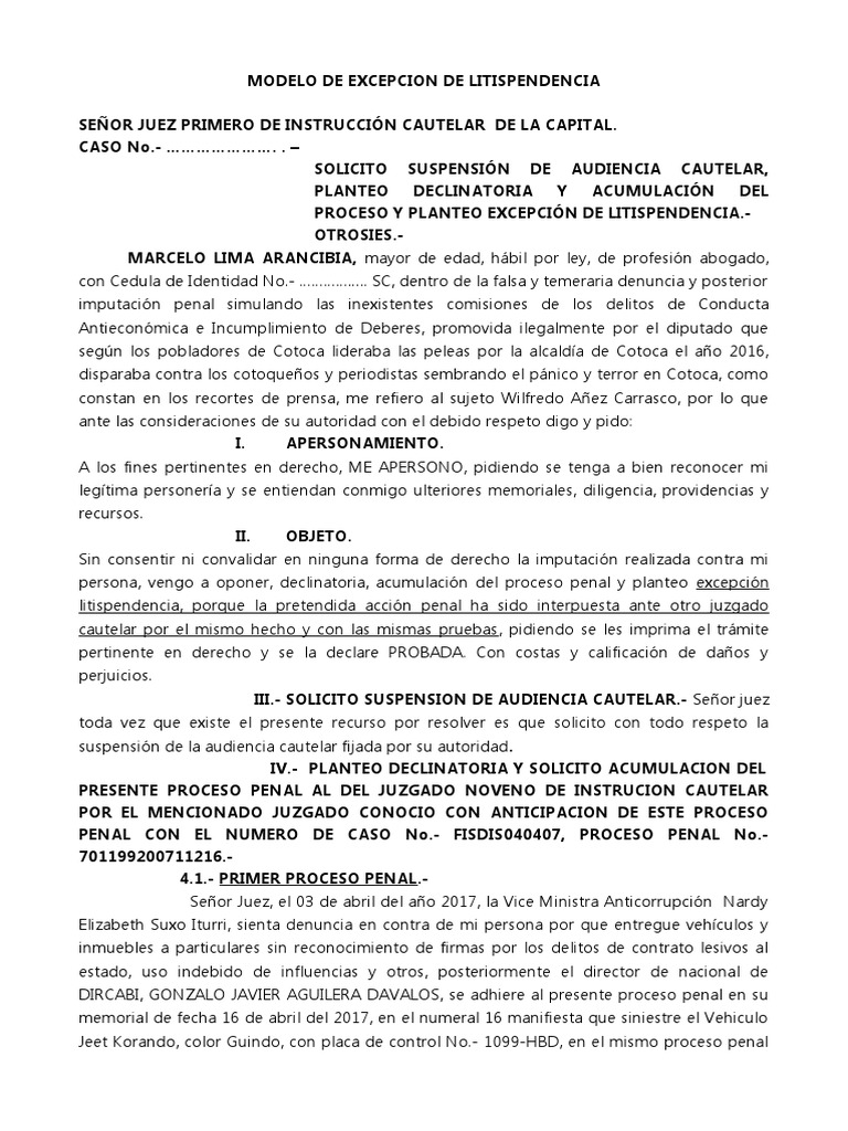 Excepcion de Litispendencia | PDF | Debido al proceso | Ley Pública