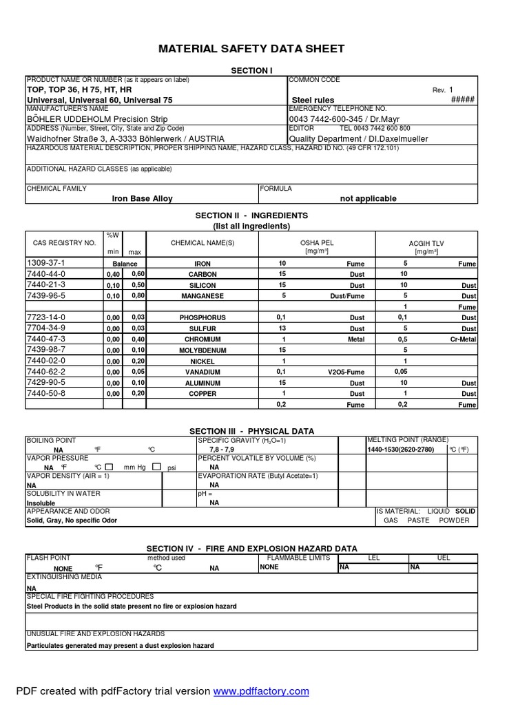 Bohler Steel Rule Safety Data Sheet | PDF | Explosion | Steel
