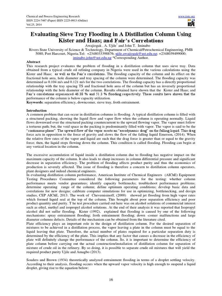 Evaluating Sieve Tray Flooding in A Distillation Column Using Kister ...