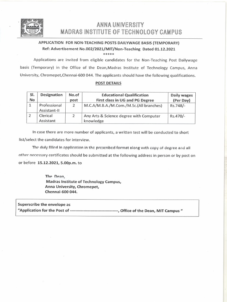 Anna University Recruitment Notification Application Form For ...