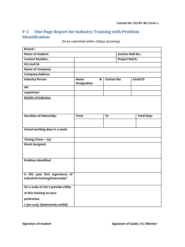 F-1 One Page Report For Industry Training With Problem Identification ...