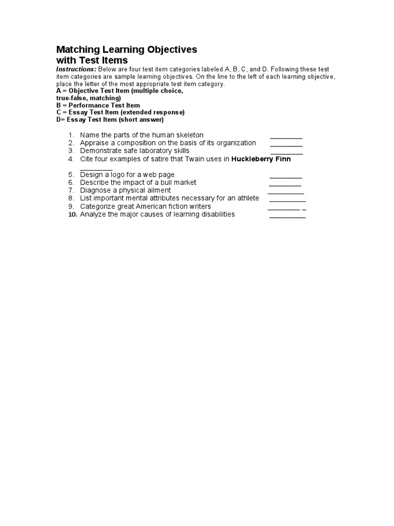 Test Item Categories for Learning Objectives | PDF | Career & Growth