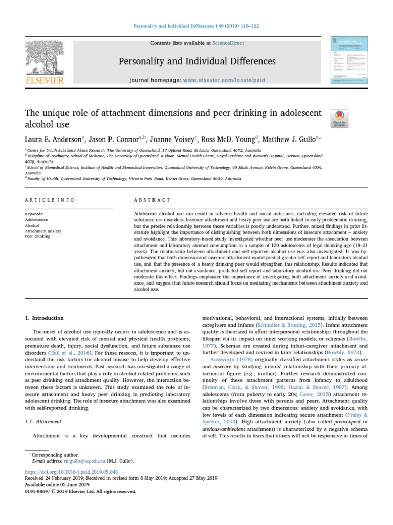 The Unique Role of Attachment Dimensions and Peer Drinking in ...