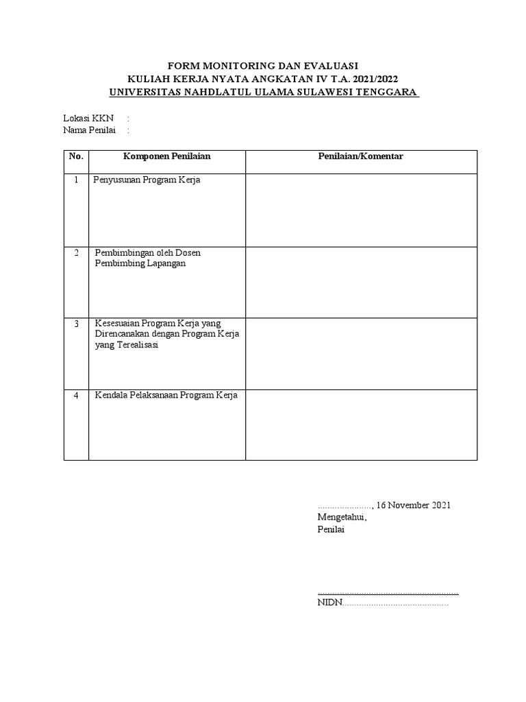 Form Monitoring Dan Evaluasi | PDF