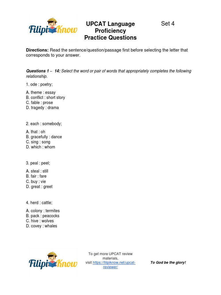UPCAT Language Proficiency Practice Questions Set 4 | PDF | Physics UPCAT Language Proficiency Practice Questions Set 4 | PDF | Physics
