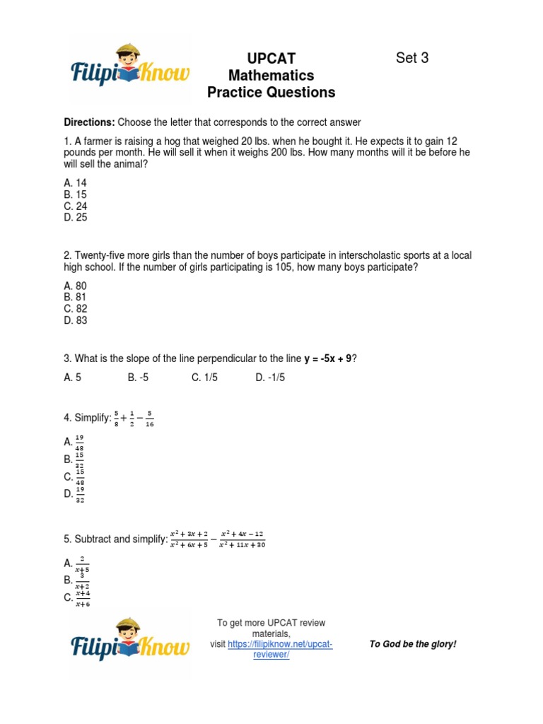 UPCAT Mathematics Practice Questions Set 3 | PDF | Algebra | Ratio