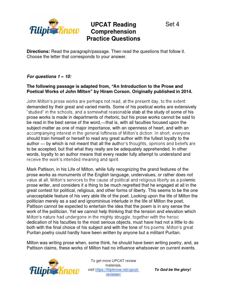 UPCAT Reading Comprehension Practice Questions | PDF | John Milton ...
