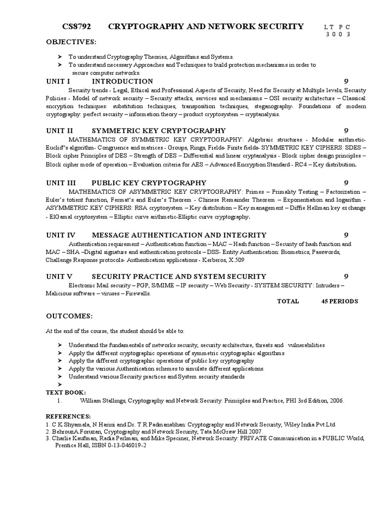CS8792 Cryptography and Network Security: Objectives | Download Free PDF | Cryptography | Key ...