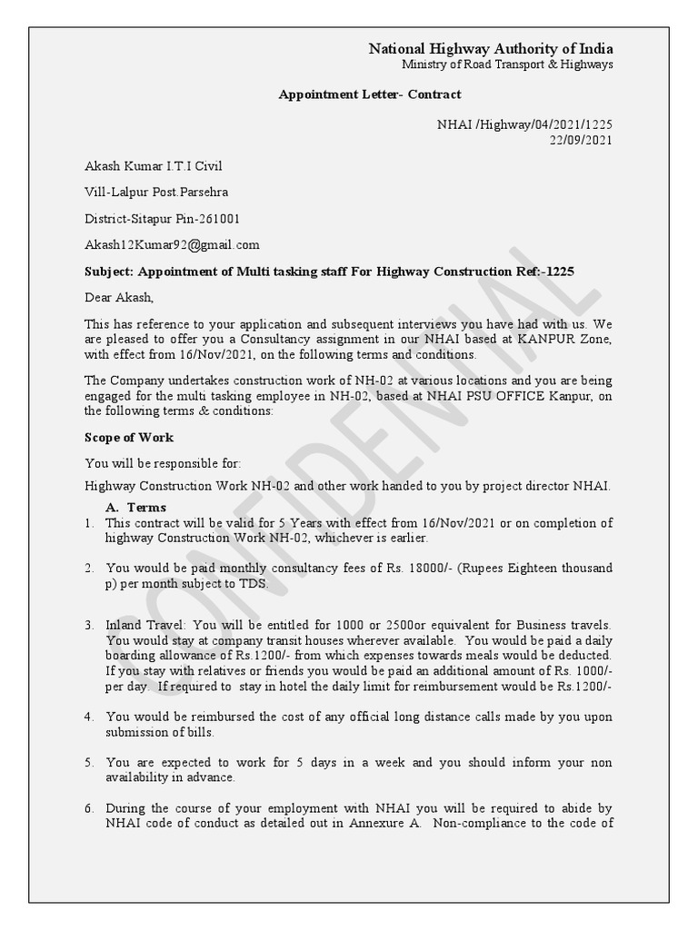 Appointment Letter-Contract: National Highway Authority of India | PDF