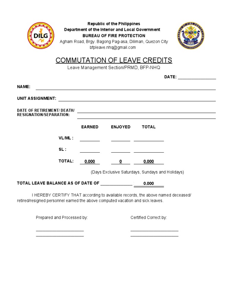 Commutation of Leave Credits: Leave Management Section/PRMD, BFP-NHQ | PDF