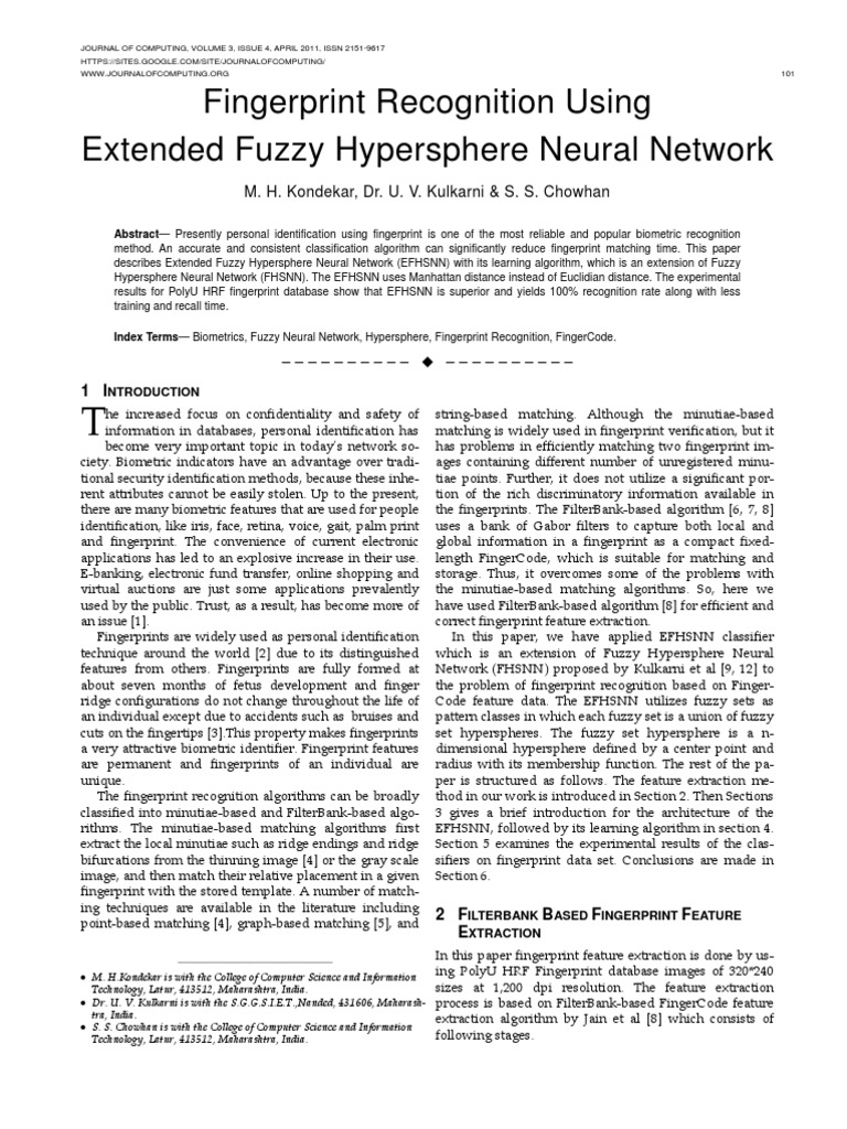 Fingerprint Recognition Using Extended Fuzzy Hypersphere Neural Network | PDF | Fingerprint ...