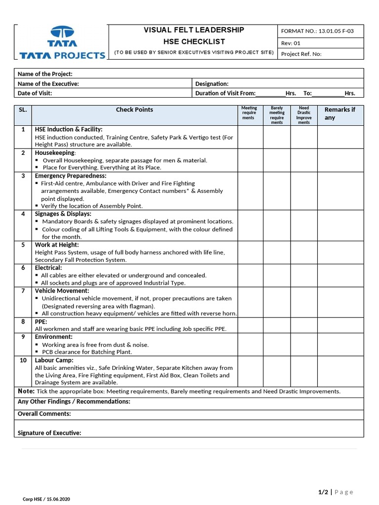 Format No. 13.01.05 F-03 Visual Felt Leadership - HSE Checklist R1 15. ...