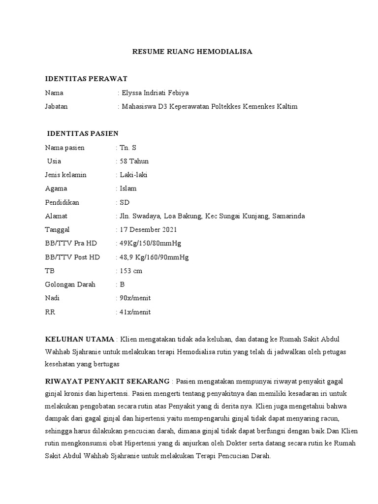 Resume Ruang Hemodialisa | PDF