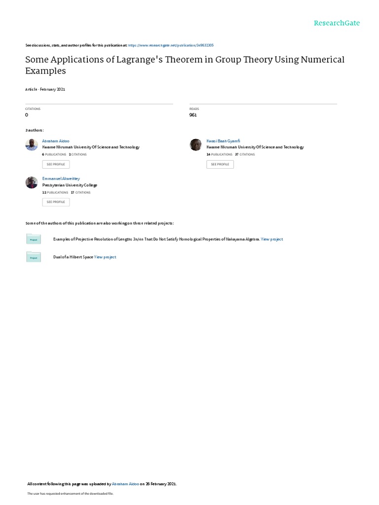 Some Applications of Lagranges Theorem in Group Theory Using Numerical Examples - 1614324747 ...