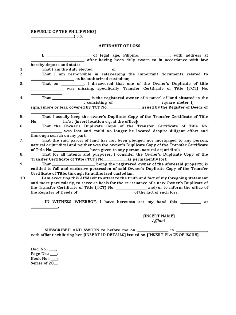 Affidavit of Loss of Title. | PDF | Affidavit | Title (Property)