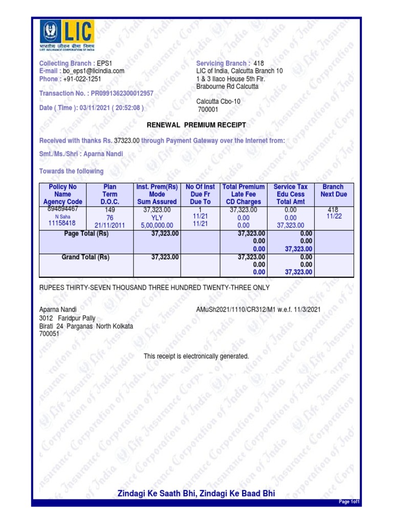 LIC PREMIUM RECEIPT 2021-Aparna | PDF
