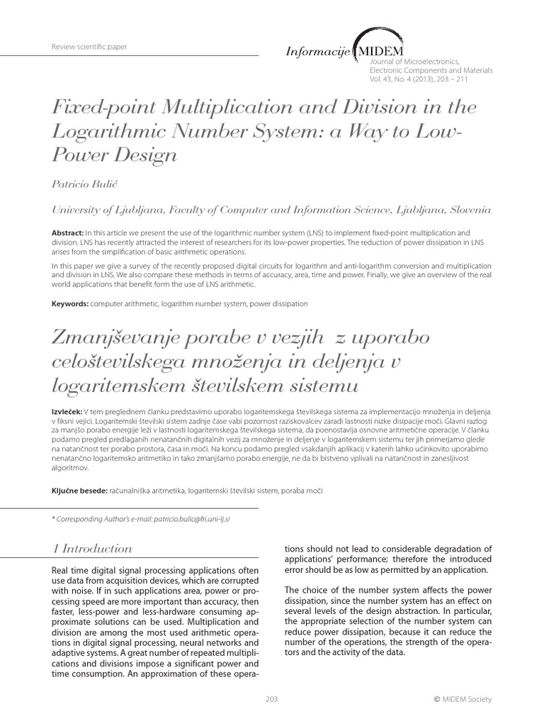 Fixed-Point Multiplication and Division in The Logarithmic Number System: A Way To Low-Power ...