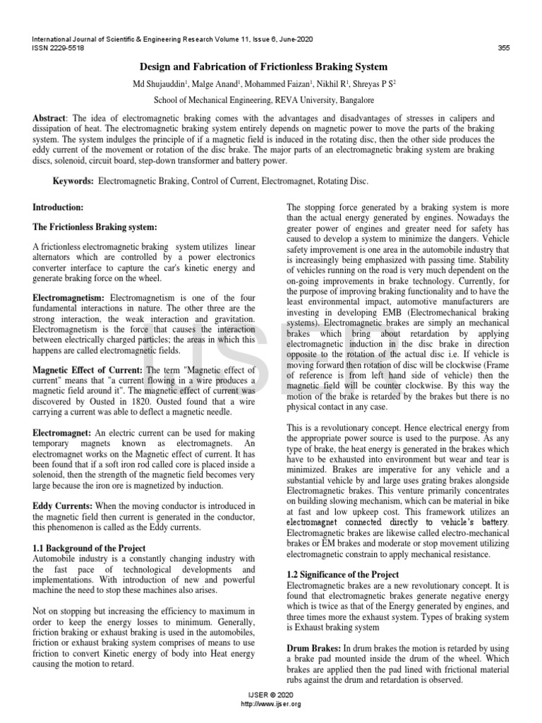 Ijser: Design and Fabrication of Frictionless Braking System | PDF ...