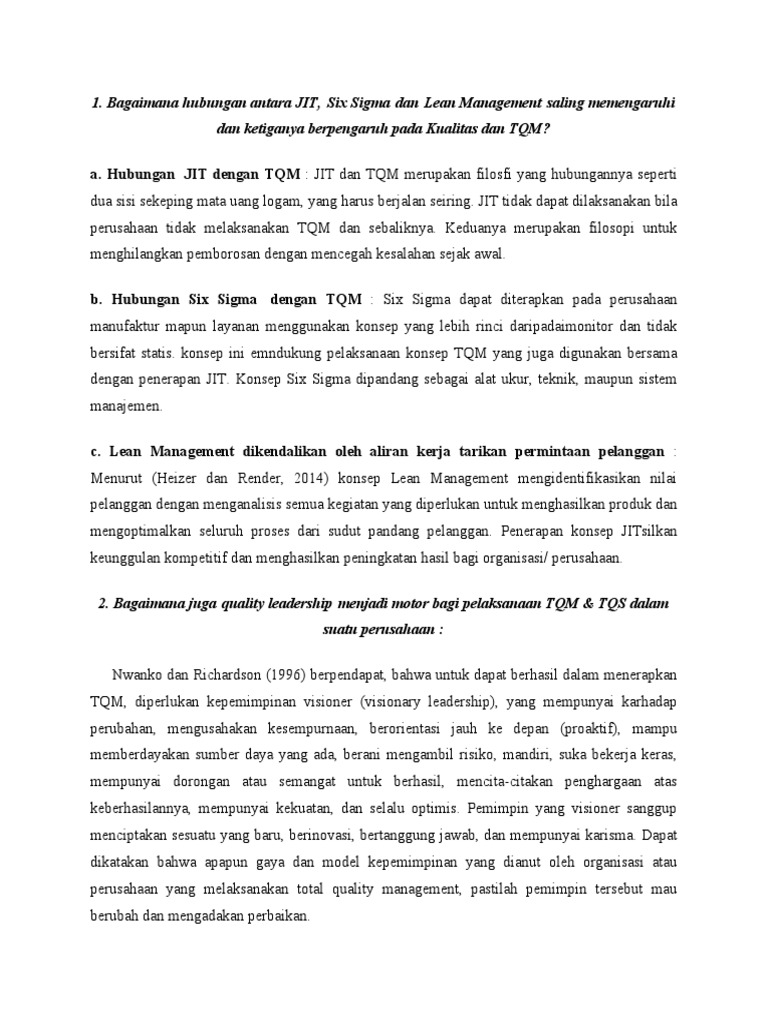 Hubungan JIT, Six Sigma, Lean dan TQM | PDF