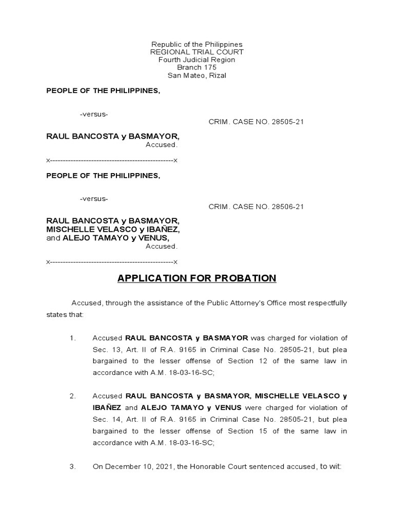 Application For Probation 175 Basmayor | PDF | Probation | Plea