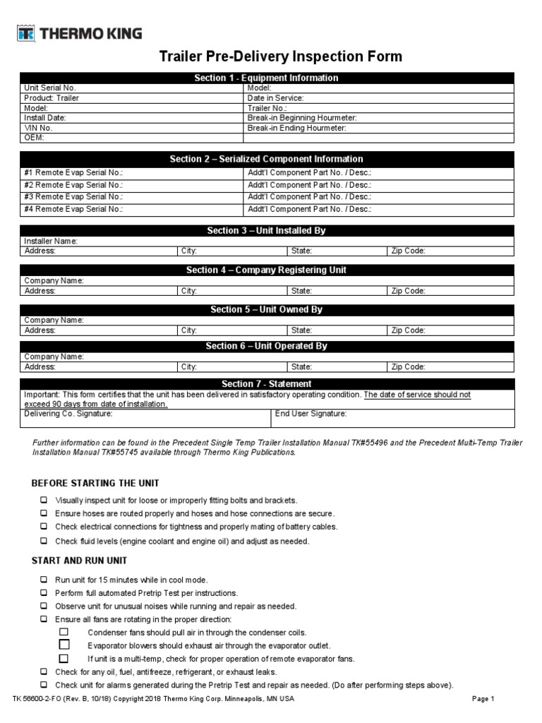 Trailer Pre-Delivery Inspection Form | PDF | Capacitor | Manufactured Goods