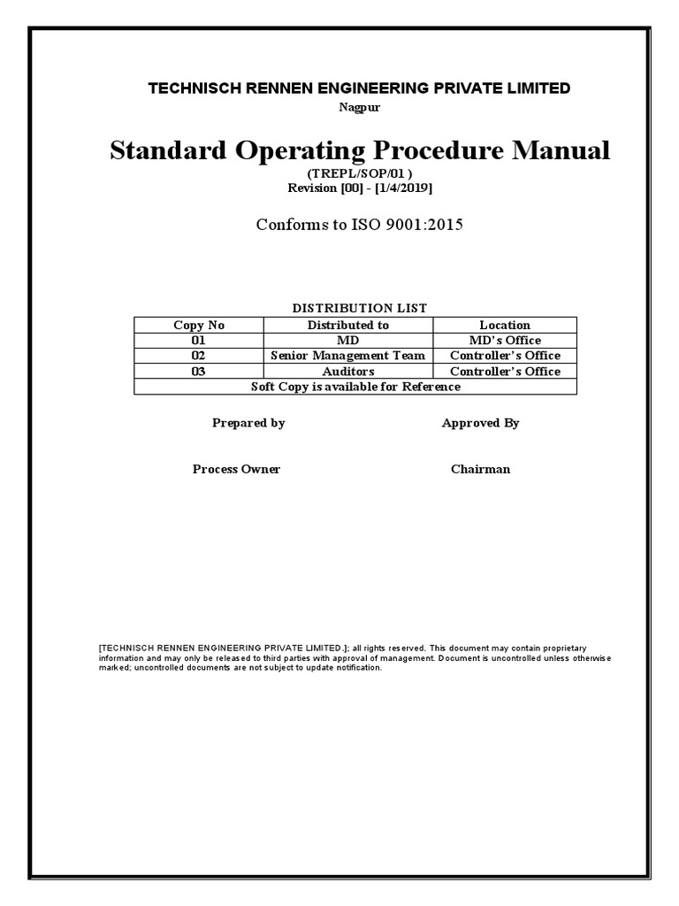 Standard Operating Procedure Manual: Conforms To ISO 9001:2015 | PDF