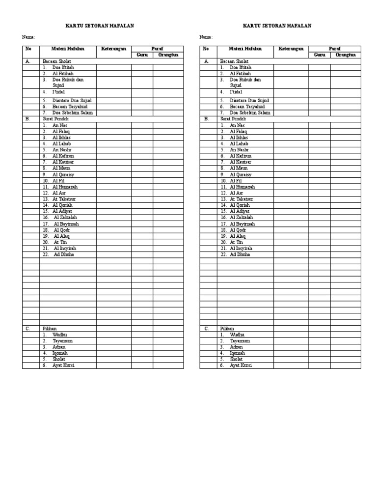Kartu Setoran Hafalan | PDF | Abrahamic Religions | Islamic Behaviour ...