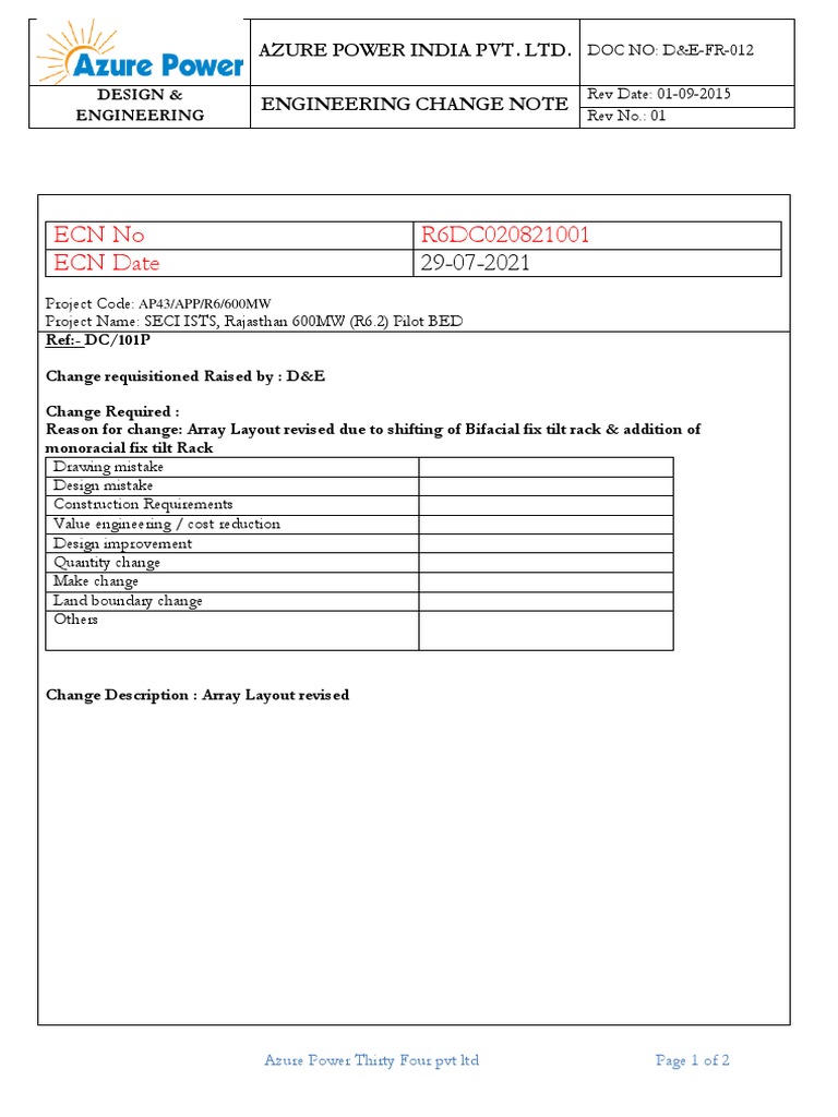 Ecn No R6DC020821001 ECN Date: Azure Power India Pvt. Ltd. Engineering ...