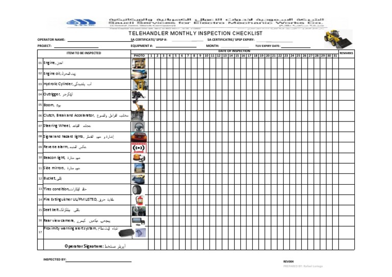 Telehandler Monthly Inspection Checklist: Operator Signature: طختسـد ...